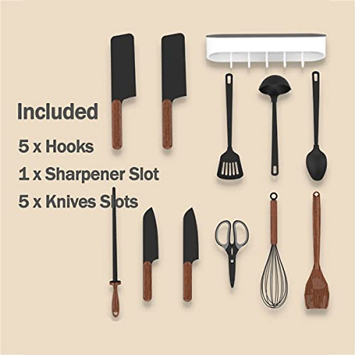 Knife Block Holder Wall, Knife Organizer Storage Shelf Rack Bar with Slots, Sharpening Rod Hooks for Kitchen Cooking White