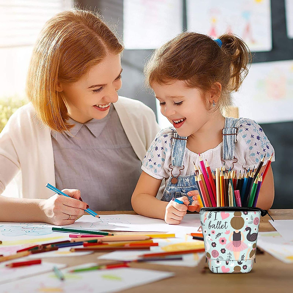 Gocerktr Adorable Ballet Girl Pencil Telescopic Holder Storage, Office Standing Stationery Bag with Zipper, Organizer Pouch for Women Man