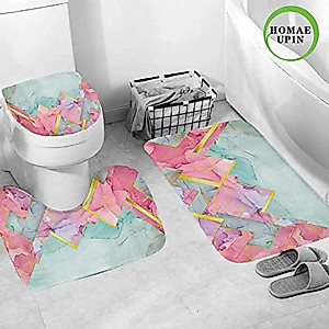 HOMAEUPIN 4 Pcs Gold Colorful Geometry Marble Shower Curtain Sets Watercolor Light Luxury Non-Slip Rugs Toilet Lid Cover U-Shaped Mat Modern Bathroom Accessory Sets 24 Hooks Red