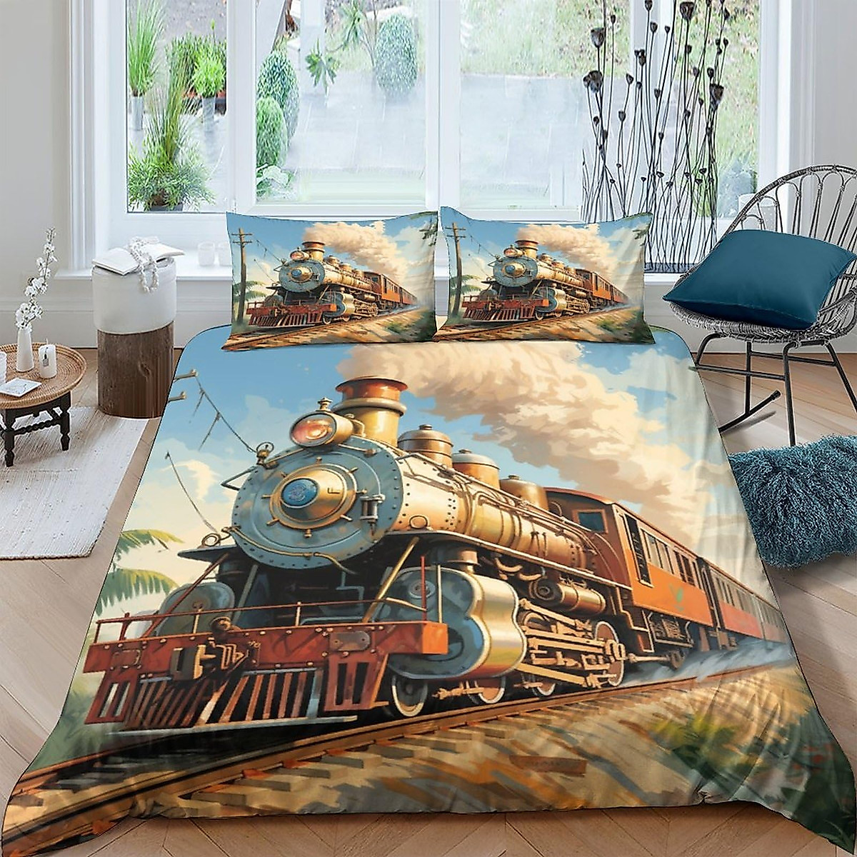 EVMILA Steam Train Comforter Covers for Boys Girls 3D Print Steampunk Duvet Cover Quilt Cover with Pillow Cases with Zipper Closure Bedding Set Soft Microfiber 3 Pieces Twin（173x218cm）