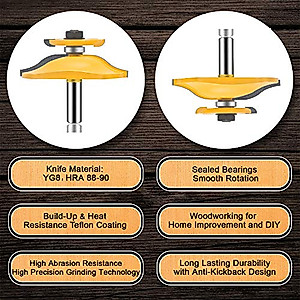 LEATBUY 3 PCS Router Bit Set 1/2 Inch Shank Round Over Raised Panel Cabinet Door Rail and Stile Router Bits, Woodworking Wood Cutter, Wood Carbide Groove Tongue Milling Tool(1/2-Double)