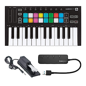Novation Launchkey Mini MK3 25 Mini-Key MIDI Keyboard Bundle with Sustain Pedal and 4-Port 3.0 USB Hub (3 Items)