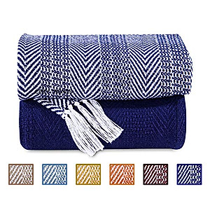 Luxurious Hand Woven Cozy Warm 100% Combed Cotton All Season Indoor Outdoor Light Weight Fade Resistant Couch Chair Bed Throw Blankets Batik 50x60 Inch Set of 2 (Navy)