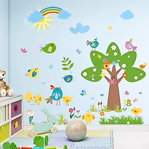 RW-1066 Cute Birds Animals Wall Decals Big Tree Wall Stickers Flowers Birds Animals Decals DIY Removable Birds Butterfly Wall Art Decor for Kids Baby Bedroom Living Room Nursery Classroom Decoration