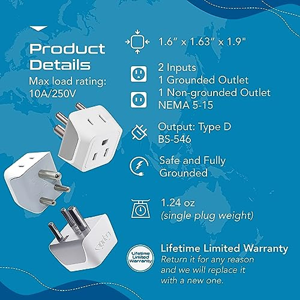 Ceptics US to India Plug Adapter works in Nepal, Maldives, Pakistan, India Power Adapter, Dual USA Input, Grounded Travel Adapter for Indian plug, Perfect for Phones, Laptop Chargers, 3 Pack (CT-10)