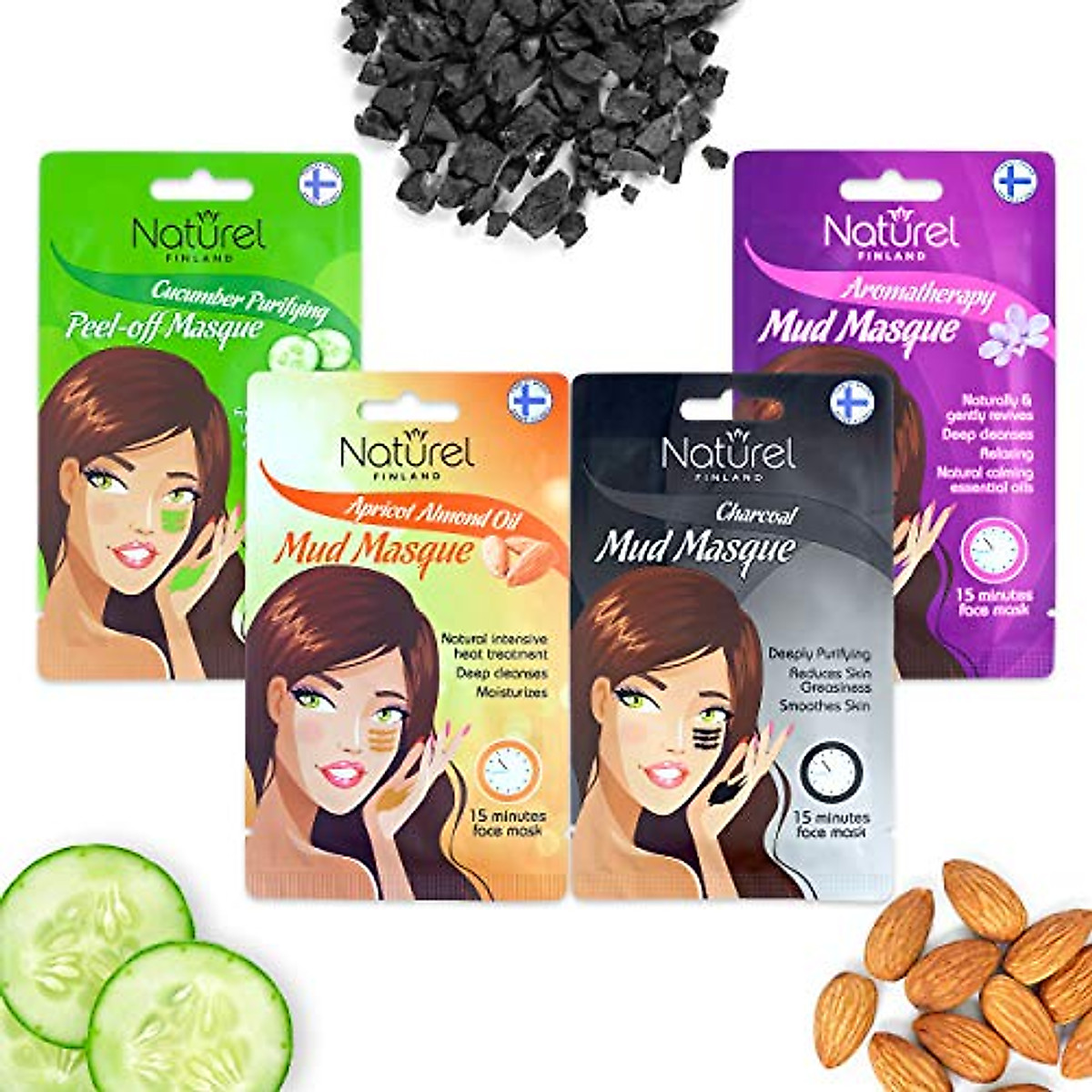 Naturel Finland Facial Mud Mask Set of 4 - Exfoliating, Deep Cleansing, Clarifying, Pore Minimizer, Hydrating, Aromatherapy, Cucumber, Dead Sea, Charcoal Face Peel
