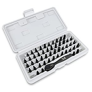 Low Profile Right Angle Ratcheting Screwdriver Set - Mini Ratchet Set Includes 50 Screwdriver Bits Included (Hex, Square, Pozidrive, Phillips, Torx Slotted, Triangle)
