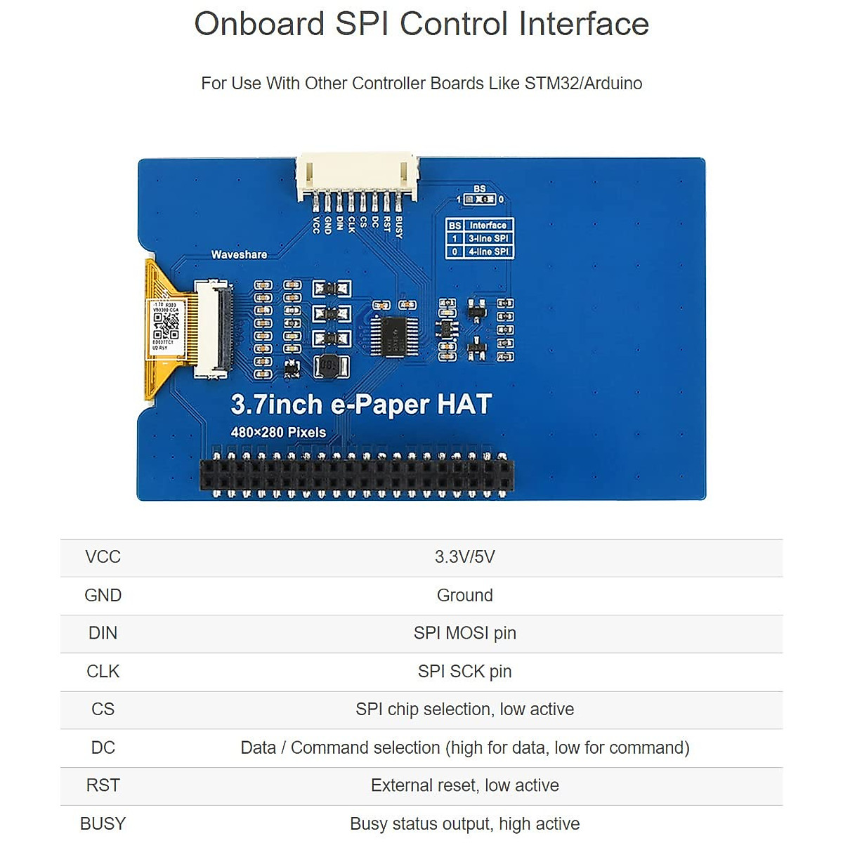 waveshare 3.7inch E-Paper E-Ink Display HAT Compatible with Raspberry Pi4B/3B+/3B/2B/B+/A+/Zero/Zero W/WH/Zero 2W 480×280 Pixels Black/White 4 Grey Scales SPI Interface Supports Partial Refresh