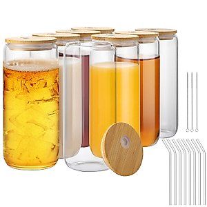 Flhivsa Drinking transparent cup 4pcs Set-20oz water Cups Tumbler Cup With Bamboo Lids and Straw (20oz Glass Clear Bamboo Lid 6 Pack)