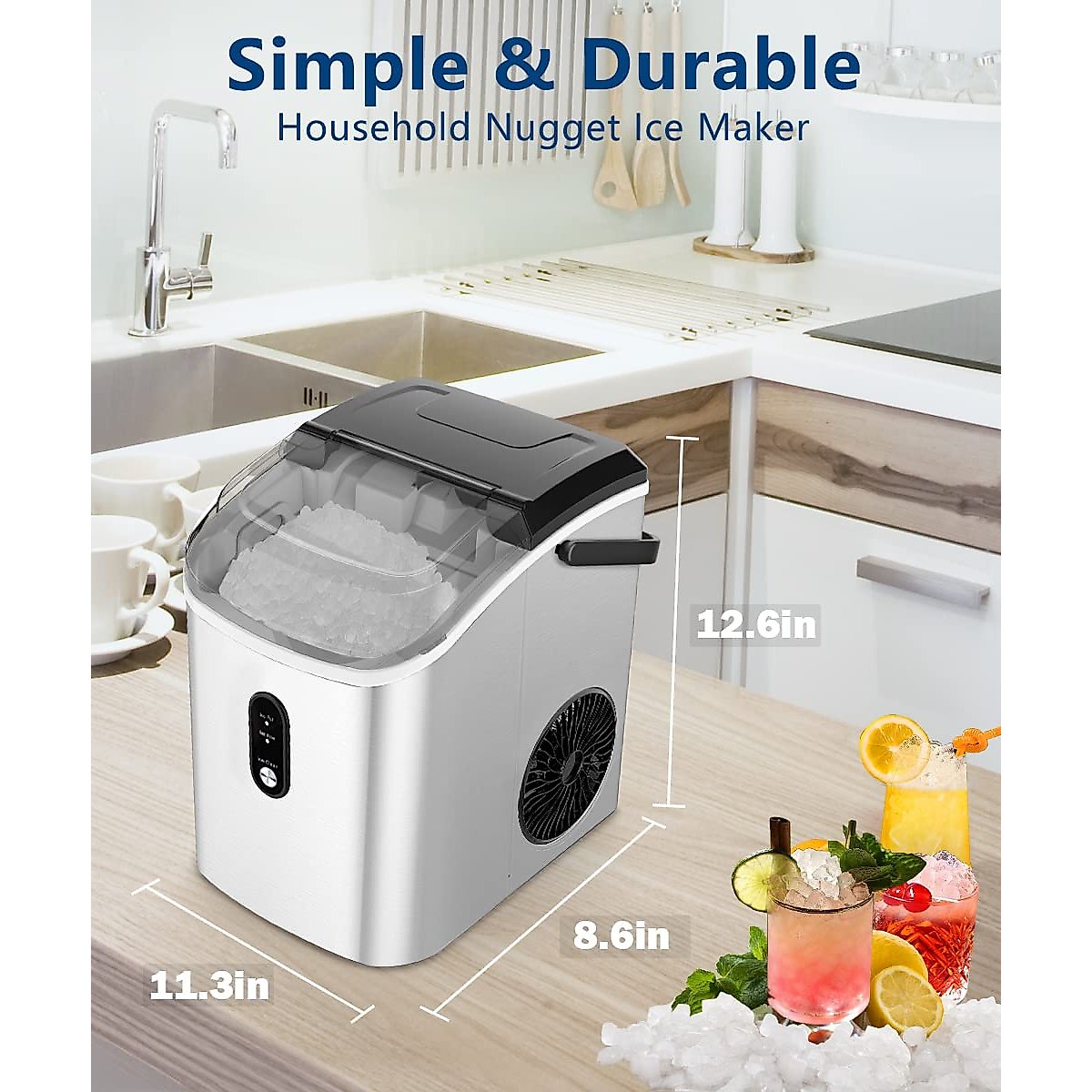Kndko Nugget Ice Maker Countertop,33lbs/Day, Pellet ice Maker,a Basket in 1.5 Hour, Self-Cleaning, One-Click Design, Compact Crushed Ice Maker with Chewy Ice for Home Bar Party，Silver