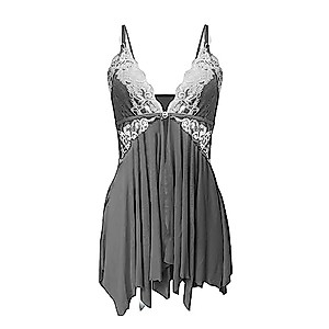 Plus Size Lingerie For Women Sexy, Front Closure Babydoll Lace V Neck Mesh Sleepwear Lingerie Sexy Pjs Womens Pajamas Sleep Wear Ladies Lingerie Party Cute Kimono Pajamas (3XL, Gray)