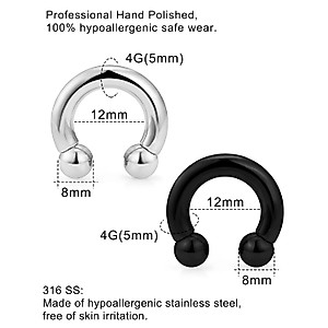 Hnxnskt Good Weithts for Stretched Ears Gauges Earrings 4G Surgical Steel Large Septum Rings PA Ring Internally Threaded Circular Horseshoe Barbells Body Piercing Jewelry for Women Men 4 Pieces 1#