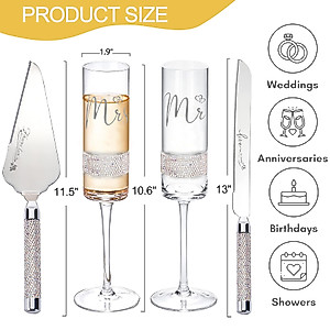 VARLKA Wedding Cake Knife and Server Set, 8oz Crystal Mr and Mrs Champagne Flutes, Wedding Glasses for Bride and Groom, Cake Cutting Set for Wedding, Engagement Gifts