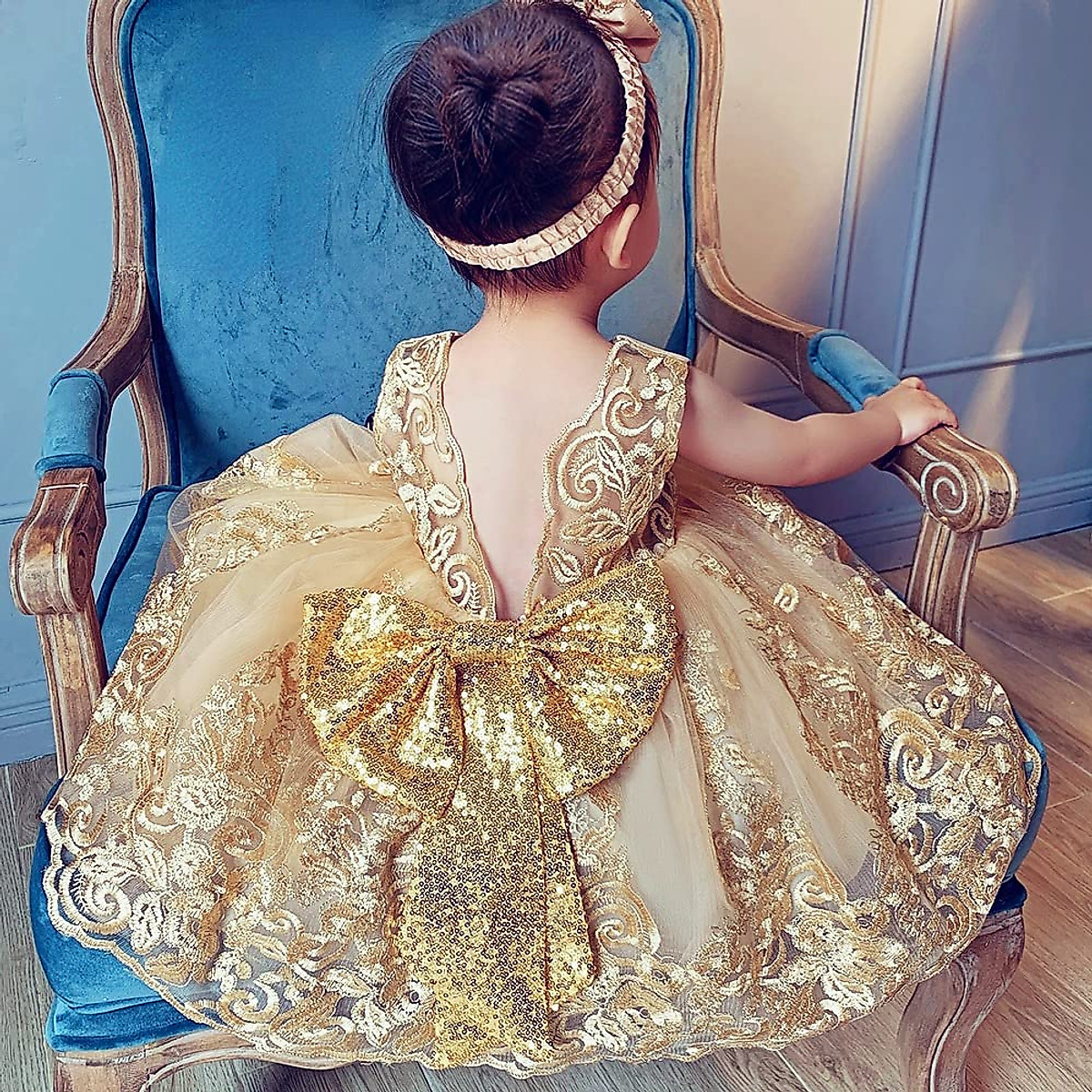 Baby Princess Girls Embroidery Dresses Toddler Lace Ruffles New Year Easter Tutu Dress with Headwear 12M 18M (Golden,80)