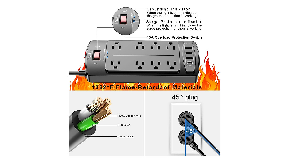 Nuetsa Surge Protector Power Strip with USB and 8 Outlets