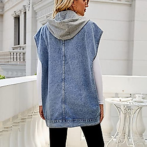Perbai Women's Distressed Oversized Button Down Sleeveless Denim Vest with Detachable Hoodie(B HoodedBlue-S)
