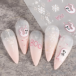 JMEOWIO 6 Sheets Pink Halloween Nail Art Stickers Decals Self-Adhesive Pegatinas Uñas Cute Skull Horror Ghost Witchy Spider Web Bat Spook Nail Supplies Nail Art Design Decoration Accessories