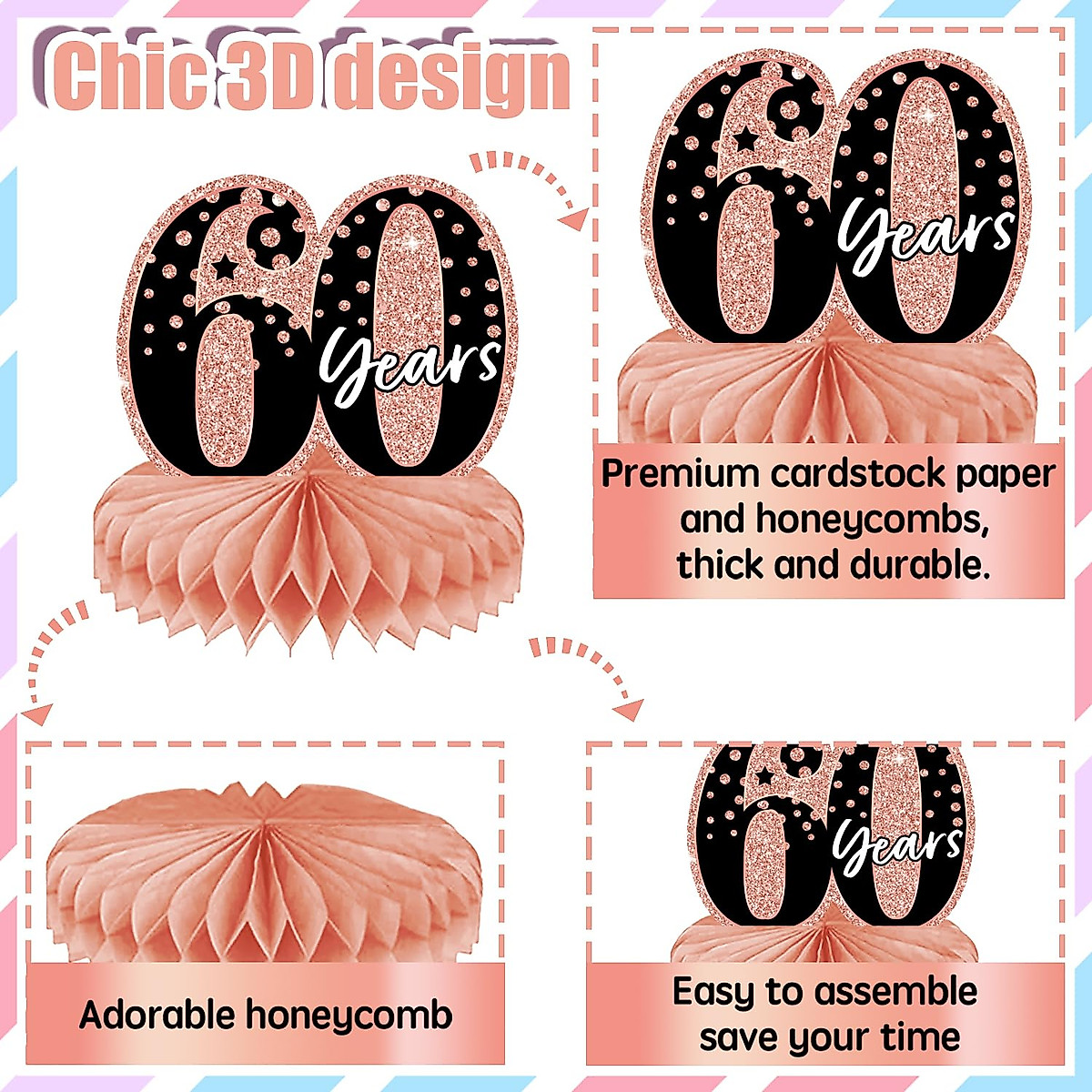 10 PCS Rose Gold 60th Birthday Decoration，60th Birthday Centerpieces for Tables， Happy 60th Honeycomb Table Topper for Women，60th Birthday Table Sign Decor