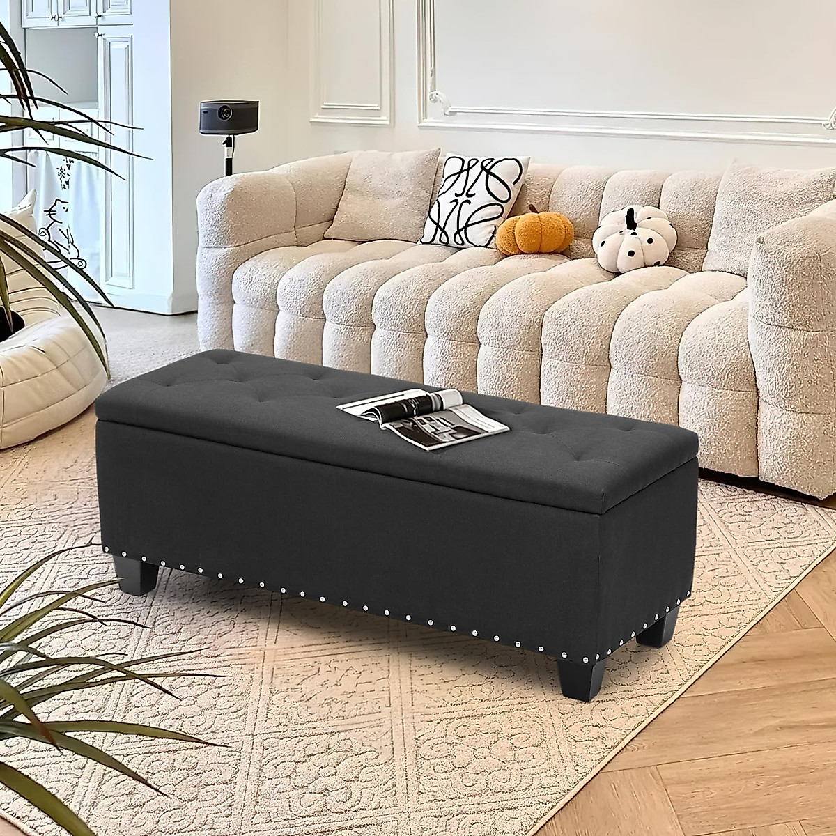 Magshion 42 Inch Storage Ottoman Bench, Large Tufted Rectangular Ottoman Bench with Hinged Lid, Entryway Storage Bench for Living Room, Bedroom, Hallway – Supports up to 800 lbs, Linen Black