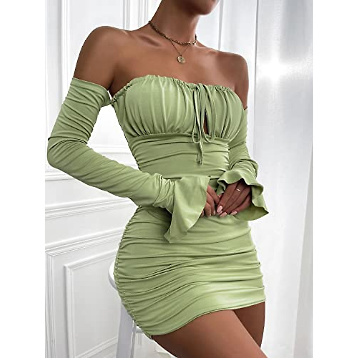4UFIT Women's Sexy Long Sleeve Off Shoulder Ruched Party Mini Dress Green