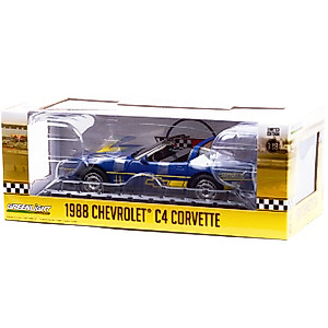 Greenlight Collectible 1988 Chevy Corvette C4 Dark Blue with Yellow Stripes Corvette Challenge Race Car 1/18 Diecast Model Car by Greenlight 13597