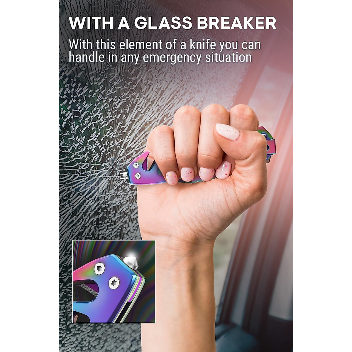 Rainbow Pocket Knife - Legal Knife with Glass Breaker Seatbelt Cutter - 2.68 Inch Serrated Blade - Cute Womens Knives - Cool Small Folding Knife for Self Defense - Birthday Gifts for Women - 6655 R