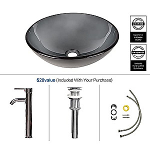 Bathroom Vessel Sink, Round Glass Vessel Sink Basin with Faucet Pop-Up Drain, Grey