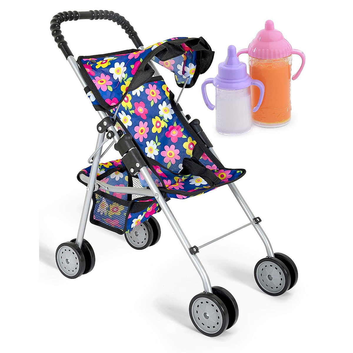 fash n kolor® - Doll Stroller My First Baby Doll Strollers Toy - Flower Design with Basket in The Bottom- Doll Accessories 2 Free Magic Bottles Included - New Year Gift, Boys, Girls