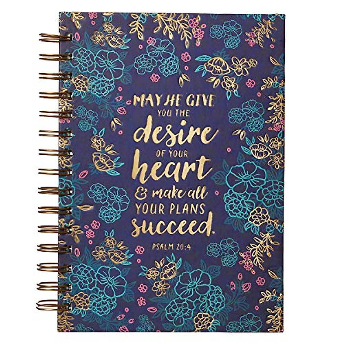 Christian Art Gifts Journal w/Scripture Desire Of Your Heart Psalm 20:4 Bible Verse Blue Floral 192 Ruled Pages, Large Hardcover Notebook, Wire Bound