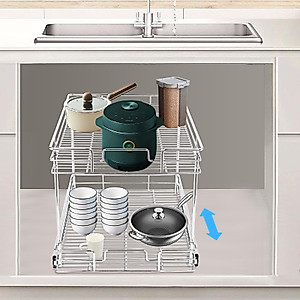 Vintoro Cabinet Organizer,Kitchen Helper,Pull Out Cabinet Organizer,Sink Organizer and Storage,2-Tier Cabinet Pull Out Shelves,for Bathroom,Laundry Room,Kitchen,Pantry(Silver,21.5 * 16.5 * 15in)