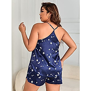 MakeMeChic Women's Plus Size 2 Piece Satin Pajamas Star Moon Print Silk Cami Top Shorts Pj Set Sleepwear Navy Blue 1XL