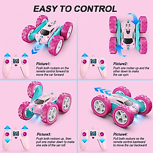 QUNREDA RC Cars, Pink Remote Control Car for Girls, 2.4 GHZ Double Sided RC Stunt Car 360° Rotating Remote Control Crawler with Headlights Car Toys for 6 7 8 9 10 11 12 Girls Birthday