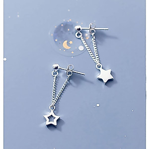 Reffeer Solid 925 Sterling Silver Star Chain Drop Earrings Dangle for Women Small Star Drop Earrings Studs (A-Silver)