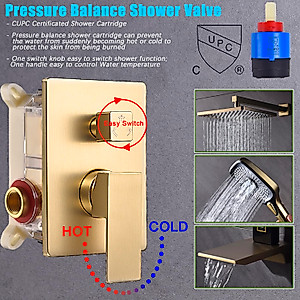 YESIMI Shower System with Tub Spout 10 Inch Overhead Shower 4 Setting Handheld Spray Rough In Pressure Balance Valve Body with Trim Kit Wall Mounted Rainfall Bathtub Shower Faucet Set (Brushed Gold)