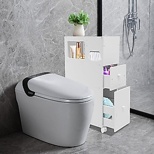KONKENIE 4 Tier Slim Toilet Side Cabinet Bath Narrow Corner Floor Cabinet with Wheels 2 Drawer Bathroom Storage Cabinet with Shelf Toilet Paper Holder Towel Organizer Vertical for Small Space White