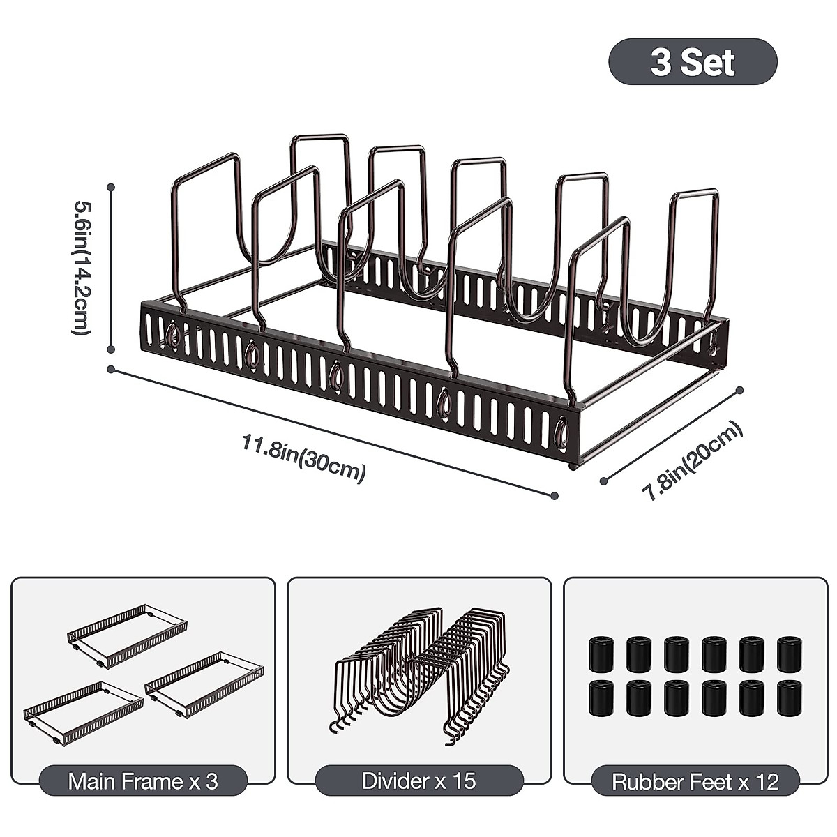 Puricon (3 Set) Pot Rack Pan Lid Organizer with 15 Adjustable Dividers, Pot Lid Skillet Griddle Cutting Board Baking Pan Holder, Cookware Rack for Kitchen Cabinet Cupboard Pantry Storage -Bronze