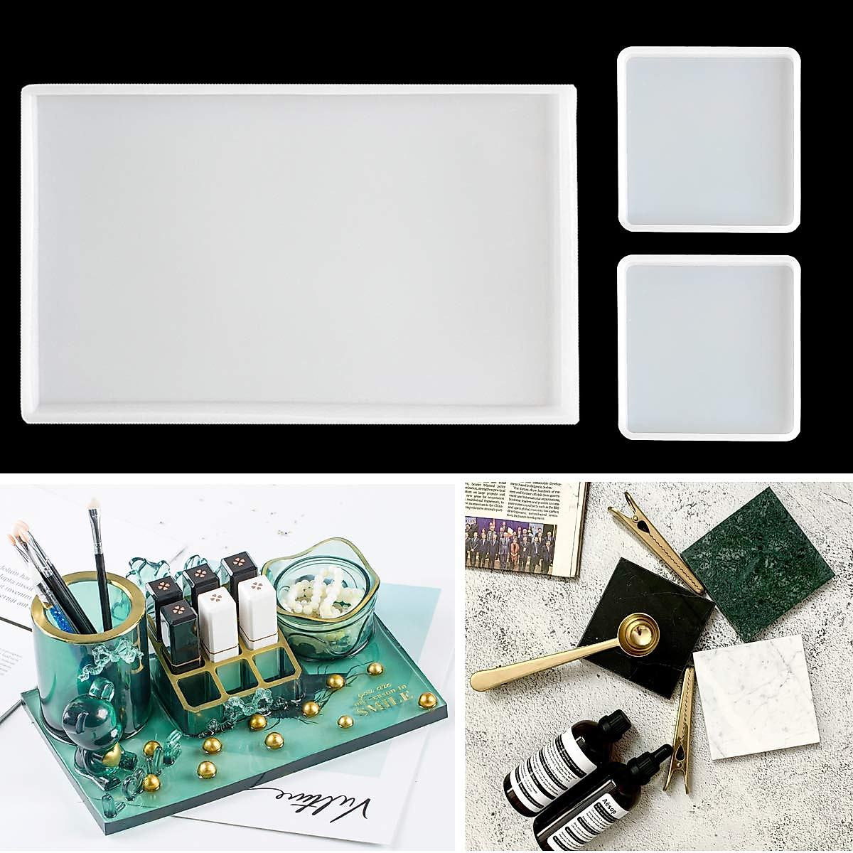 Large Silicone Resin Tray Molds,3PCS Agate Geode Coaster Resin Molds,Include Square Mold,Rectangle Mold,Silicone Mold for Making Coaster,Trays,Cup Mats,Home Decoration