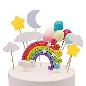 Palksky Colorful Rainbow Cake Topper/Wedding Cake Flags/Cupcake Picks Set -Include Cloud Balloon Moon Stars/Boy Girl Kid Birthday Baby Shower Party Baking Decoration Supplies