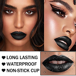 CAHIUYOA Black Matte Lipstick Lip Liner Set,Black Liquid Lipstick Lip Gloss Smudge Proof for Halloween Cosplay Goth Makeup,Waterproof and Long Lasting Black Lip Liner and Lipstick Set