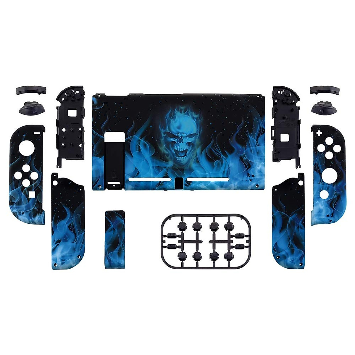eXtremeRate DIY Replacement Shell Buttons for Nintendo Switch, Soft Touch Back Plate for Switch Console, Custom Housing Case with Full Set Buttons for Joycon Handheld Controller - Blue Flame Skull