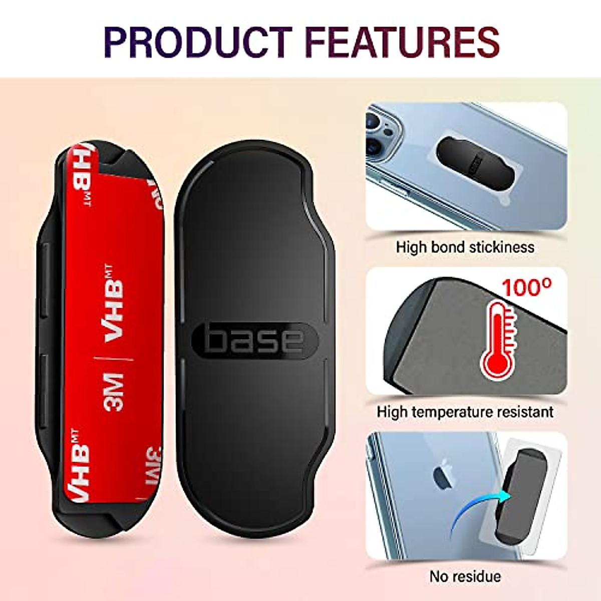 3PCS Adhesive Base Replacement for Pops Wallet+, Detachable Sticky Plastic Part Strips for Socket Wallet Plus & Wallet Case Back with Extra 3Pack 3M VHB Sticker Tapes, Sleeve Attachment Piece Black