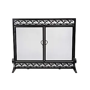 Plow & Hearth Metal Fireplace Screen Scrollwork Black | 44" W x 33" H | 2 Door | Spark Guard Grate | Fire Place Cover | Wood Burning Stove Accessories