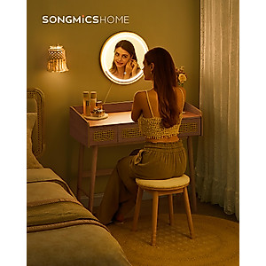 SONGMICS HOME BOHOVEN Collection - Vanity Desk with Mirror and Lights, Makeup Vanity with 3 Rattan-Like Drawers, Touch Control Light with 3 Color Hues, Dimmable, Boho Style, for Bedroom, Oak Beige