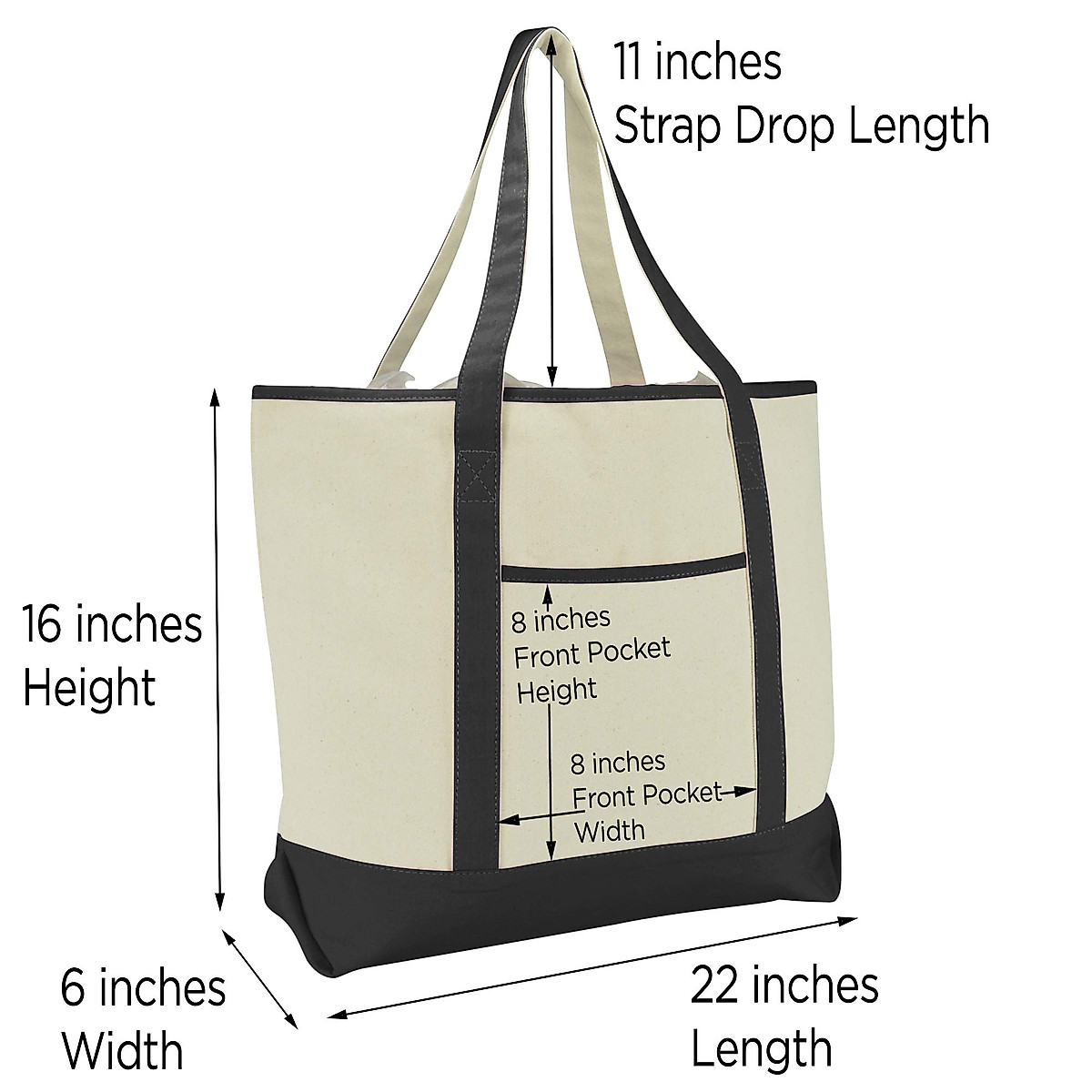 22" Extra Large Zippered Shopping Tote Grocery Bag with Outer Pocket in Black