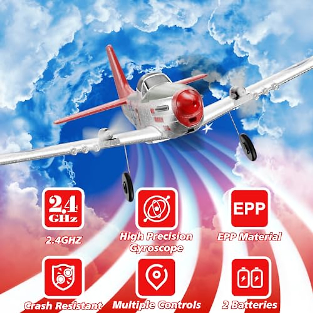 28℃ Remote Control Airplanes, 2.4Ghz 2CH RC Plane Toy Gift for Kids & Adults, P51 Mustang Remote Control Plane for Beginners with Gyro Stabilization System (RED)