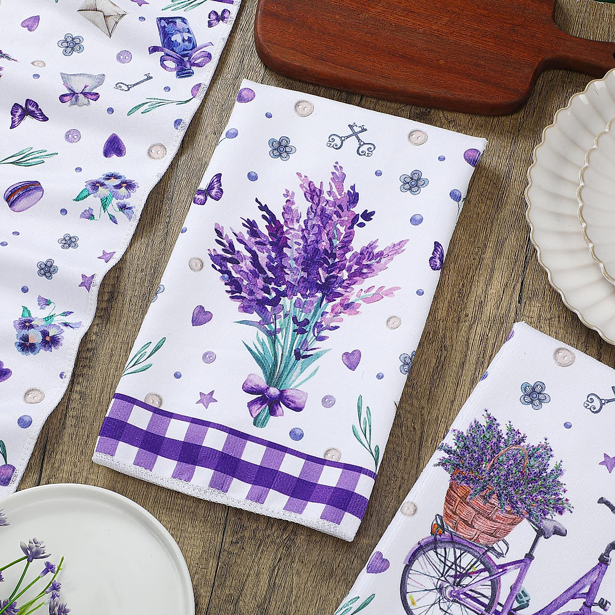 Funtery Set of 4 Purple Lavender Kitchen Towel Decoration Set Purple Flower Hand Towels Spring Themed Absorbent and Soft Purple Towels Buffalo Plaid Dish Towel Boho Farmhouse Decor, 16 x 26 Inches