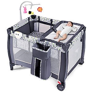 HONEY JOY Portable Baby Playard, 3-in-1 Pack and Play with Infant Bassinet, Diaper Changer & Toy Bar, Lockable Wheels, Toddler Play Yard w/Carry Bag Gray