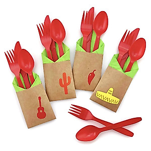 Plastic Cutlery, Paper Napkins, Favor Bags, Fiesta Birthday, Graduation, Baby Shower, Cinco de Mayo Party Decorations Supplies, 24 set