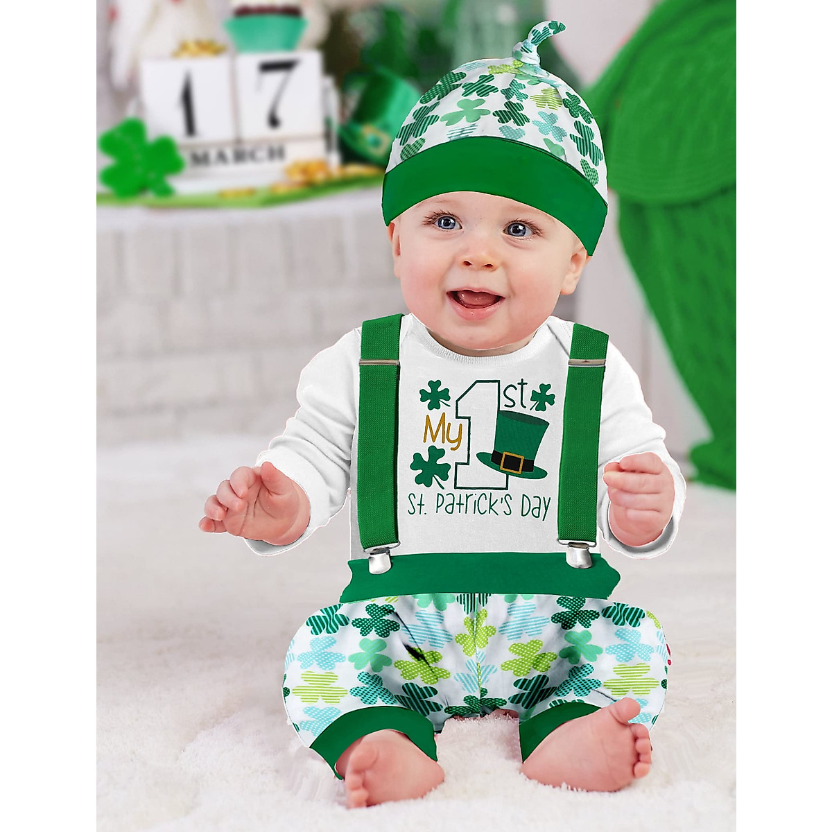 AGAPENG St Patricks Day Baby Boy Outfit Baby St Patricks Day Outfit Boy 0-3 Months My First St Patricks Day Baby Boy Outfit Long Sleeve Romper Shamrocks Suspenders Pants Hat