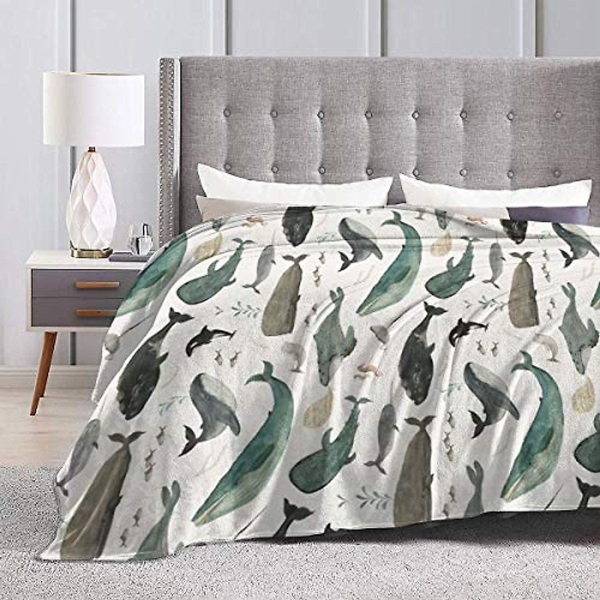 Flannel Plush Novelty Throw Blanket, Whale Song Cartoon Style Underwater Creature Seahorse Dolphin Throw for Fall Party, Air Conditioning Blanket and Large Hypoallergenic 60 x 50 Inch